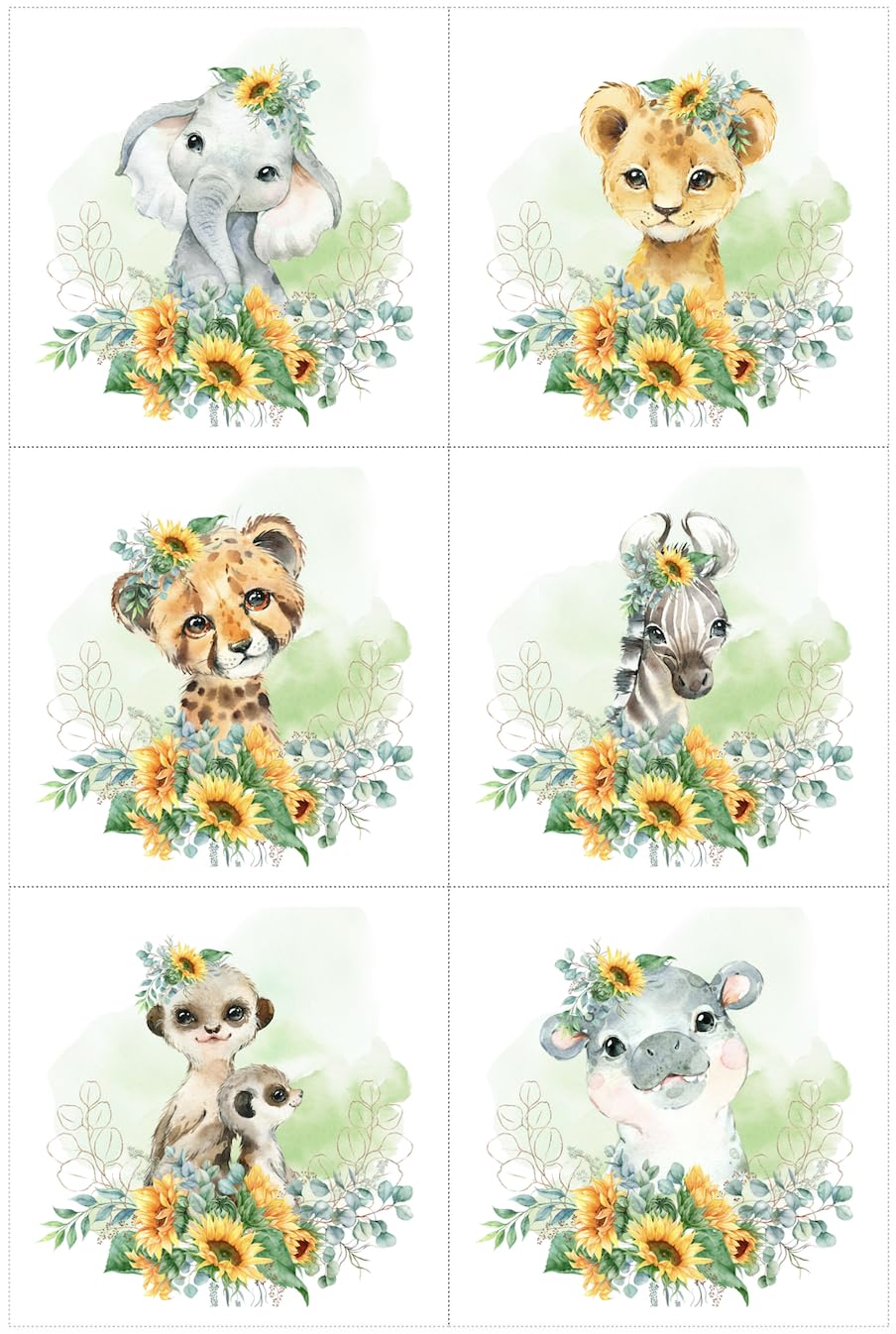 UNIQUE Sunflower Safari Fabric Panel Set (6 Panels, 12x12 in Each), Quilting Panels, Baby Quilt Panels, Cotton Baby Panels, Cotton Fabric Panels for Quilting