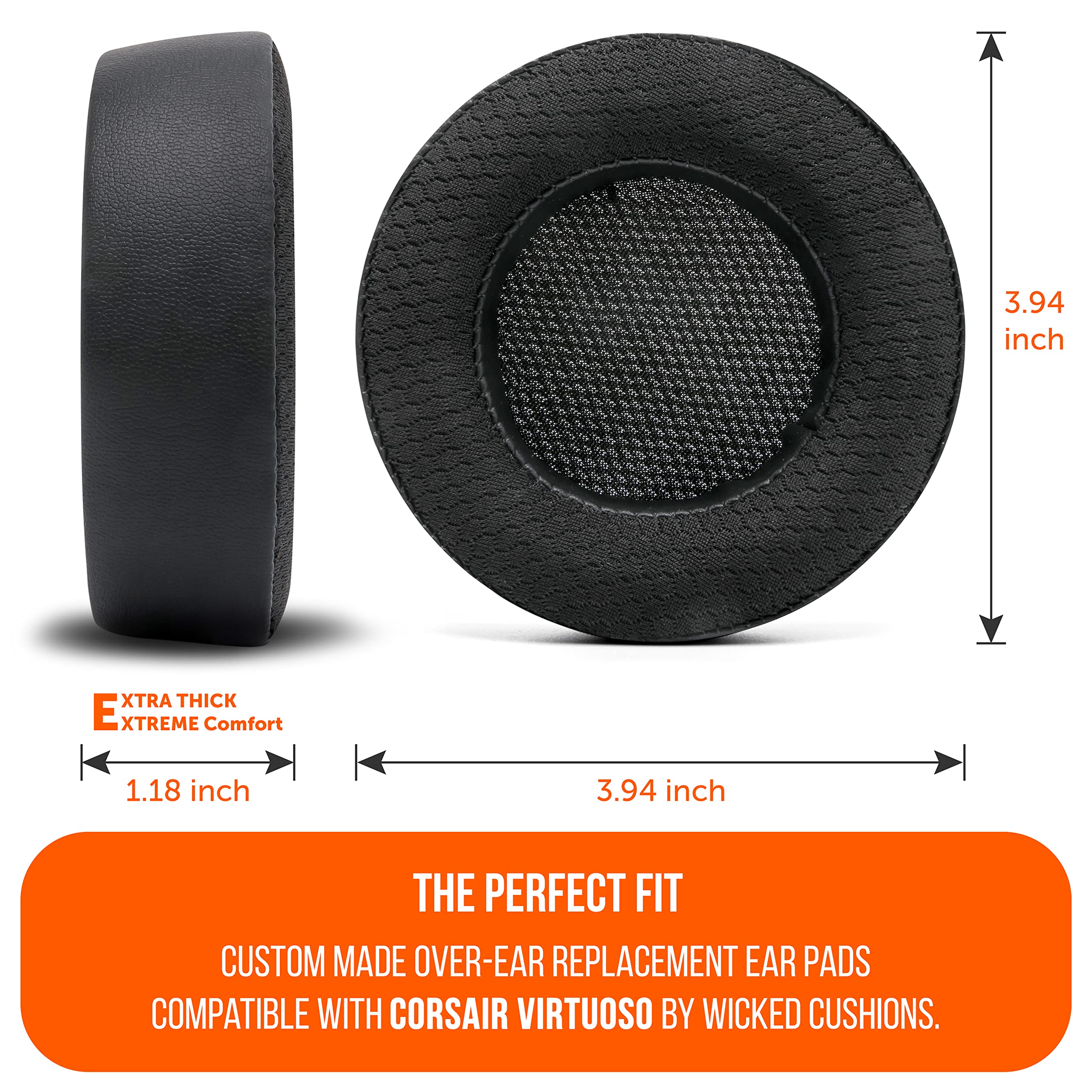WC Freeze Virtuoso - Hybrid Fabric Cooling Gel Replacement Earpads for Corsair Virtuoso Gaming Headset, Made by Wicked Cushions, Improved Durability, Thickness and Sound Isolation | Black