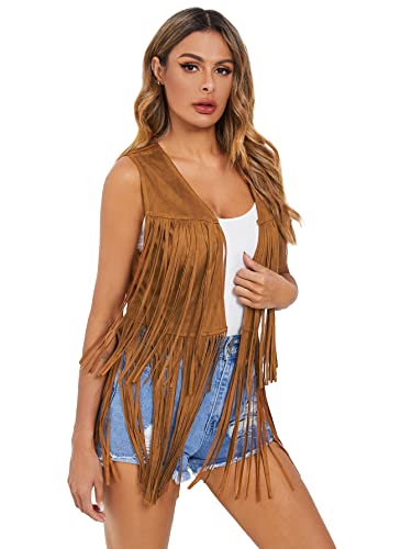 Verdusa Women's Tassel Sleeveless Vest 70s Hippie Faux Suede Fringe Jacket Cardigan Brown L