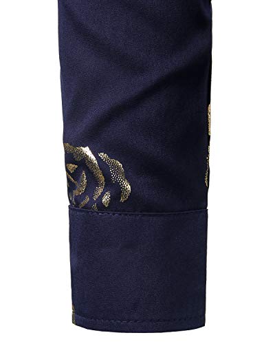 ZEROYAA Men's 3D Golden Rose Printed Slim Fit Long Sleeve Button Down Floral Dress Shirts ZZCL30 Navy Blue Small