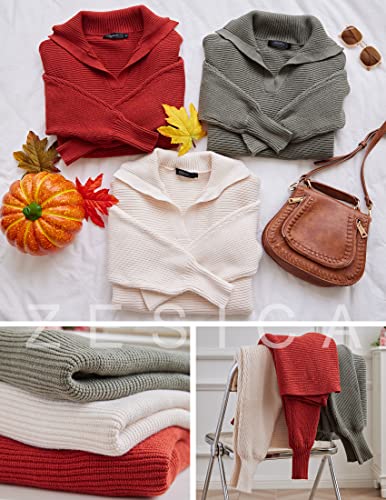 ZESICA Women's 2023 Fall Lapel Collar V Neck Long Sleeve Ribbed Knit Comfy Loose Casual Pullover Sweater Jumper Top,Beige,Medium