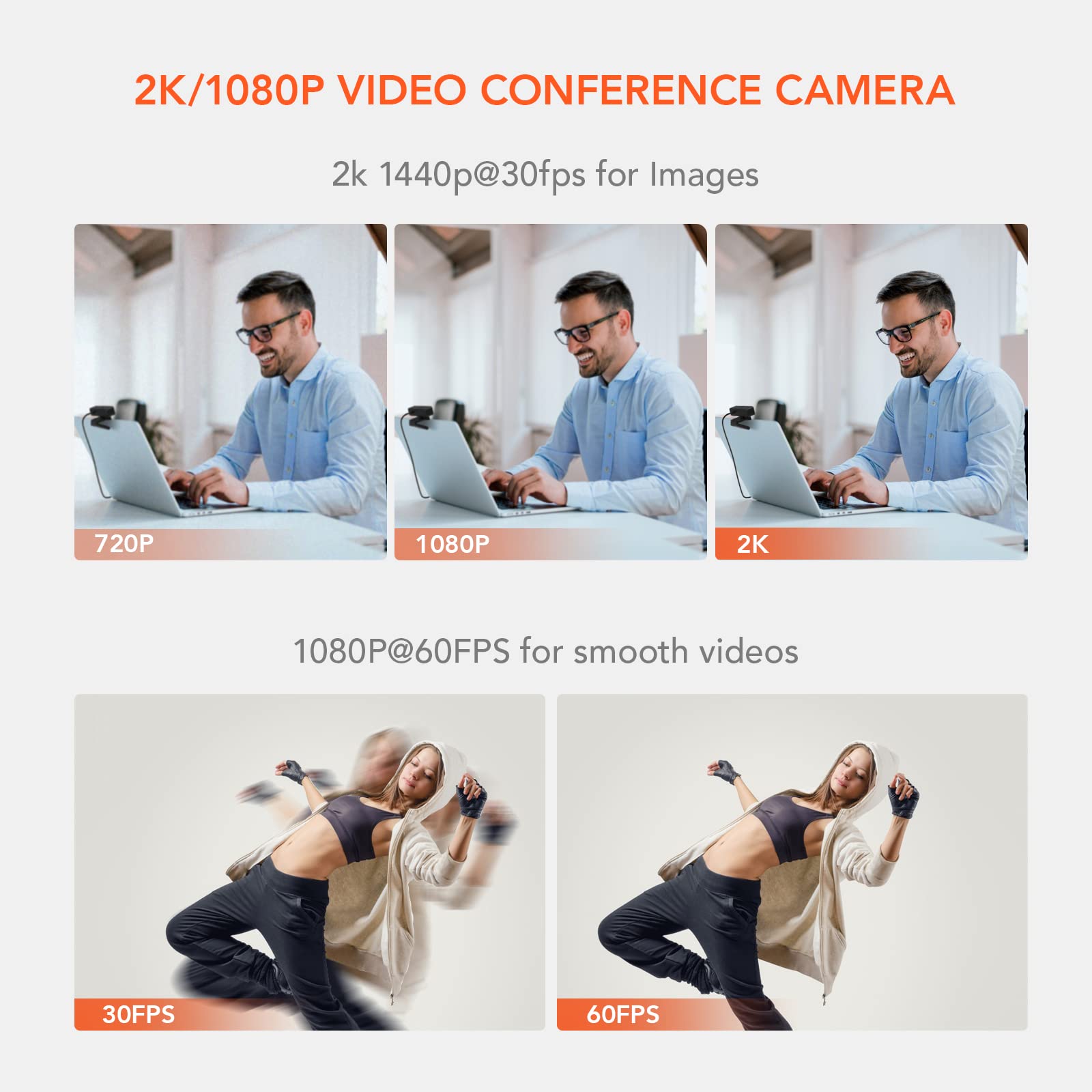 NUROUM 2K Webcam with Microphone, 1080P/60fps, 1440P/30fps, Dual Microphone with Privacy Cover, Wide-Angle USB FHD Web Computer Camera, Plug and Play, for Zoom/Skype/Teams/Webex