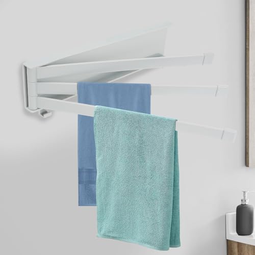Swivel Towel Bar-3-Arm Bathroom Towel Rack 180° Rotating with Double-sided Tape No Nail Self-adhesive Hand Towel Holder No Nail Wall Mount Dish Rag Dishcloths Washcloth Storage Organizer Hanger(White)