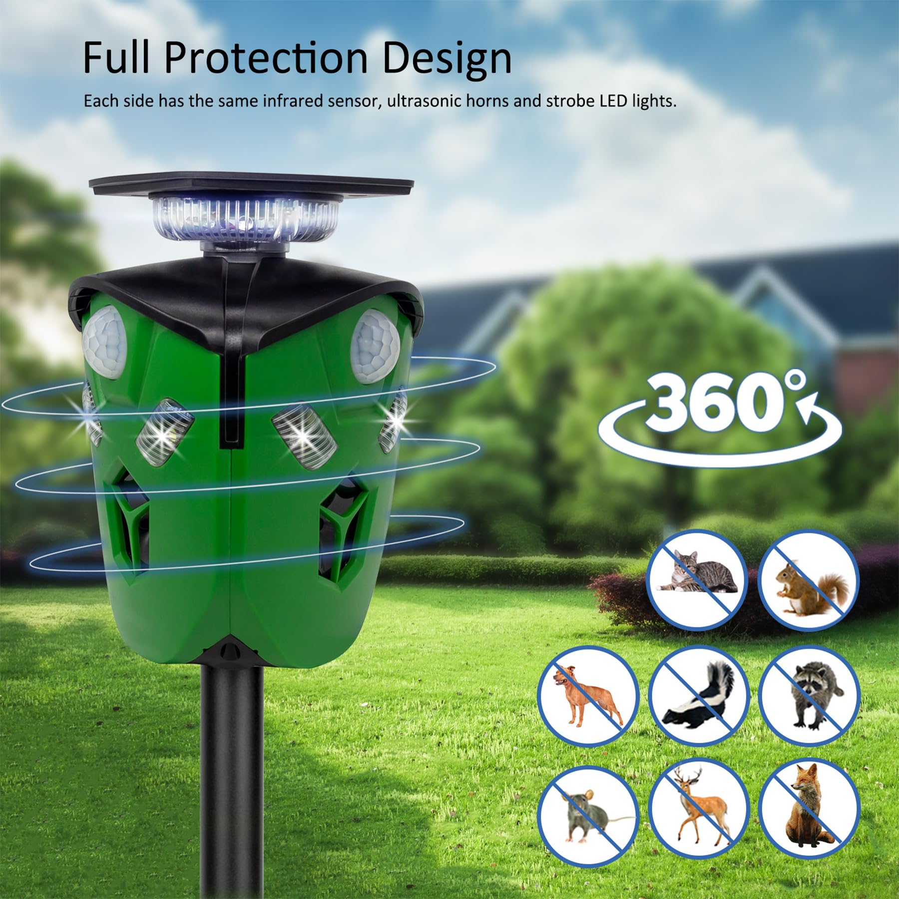 Solar Powered Ultrasonic Animal Repellent 360° Squirrel Repeller Outdoors Deer Repeller Smart Dog Cat Deterrent with Motion Sensor White Flashing Light Coyote Fox Raccoon for Yard Garden Farm