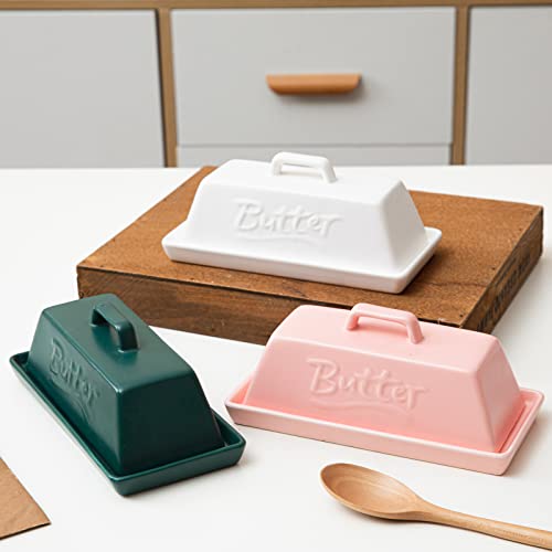 Porcelain Butter Dish with Lid, Candiicap Classic Matte Butter Keeper for Countertop, Large Butter Holder for Butter Storage, Dishwasher Safe (Matte Green)