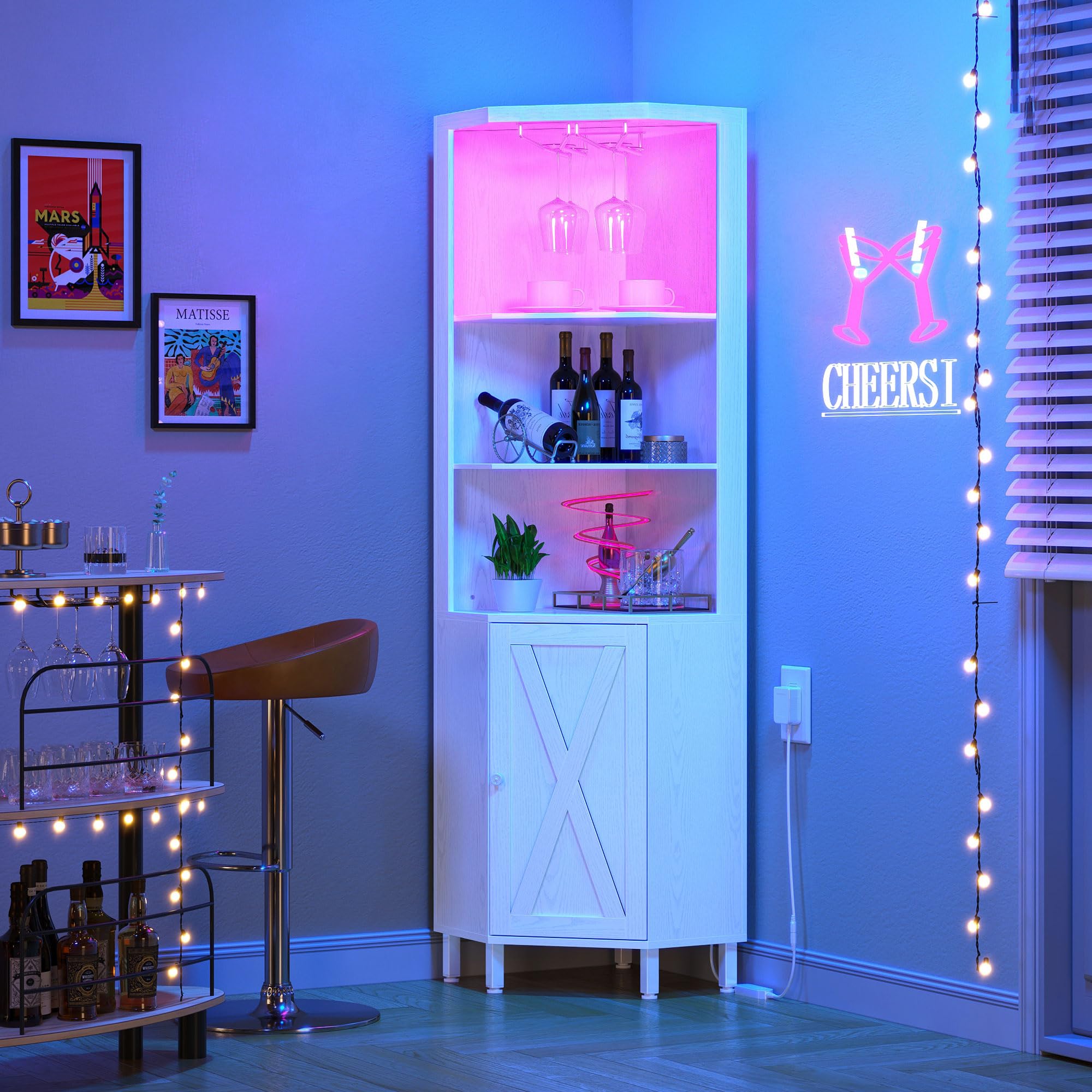 YITAHOME Corner Bar Cabinet with LED Lights & Glass Holder, 5 Tier Corner Shelf with Storage, Wine Rack Cabinet Display Shelves for Living Room, Dining Room, Kitchen, White