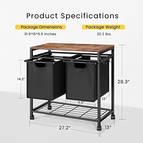 VIVOHOME Pull Out Laundry Hamper, 2-Compartment Laundry Basket with Shelf and Wheels, 2 x 30L Removable 600D Oxford Fabric Laundry Bags, Rustic Brown and Black