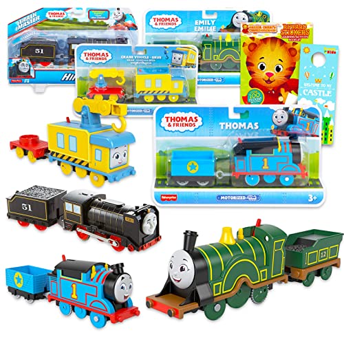 Thomas and Friends Motorized Train Set - 6 Pc Bundle with Thomas, Emily, Hiro, and Carly Trains Plus Daniel Tiger Stickers, More | Thomas and Friends Motorized Engines
