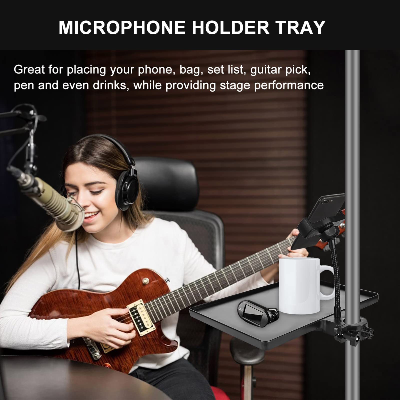 Microphone Stand Plastic Tray: Mic Stand Clamp-On Rack Tray - Plastic Microphone Stand Tray with Phone Holder for Stage Live Streaming Concert Performance Karaoke Clamp-On Music Stand Shelf