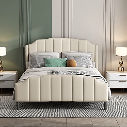 Queen Size Upholstered Bed with Headboard and Footboard, Wood Queen Platform Bed Frame for Bedroom, Velvet Fabric, No Box Spring Needed (Queen, Beige)