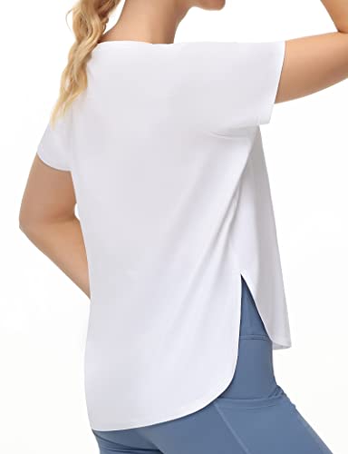 THE GYM PEOPLE Women's Workout T-Shirts Loose Fit Short Sleeve Cotton Running Basic Tee Tops with Split Hem White