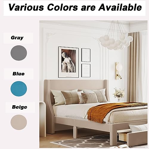 Queen Size Velvet Platform Bed Frame with Headboard, Upholstered Platform Bed Frame with Storage Drawer, No Box Spring Needed, Sturdy Wood Slat Support for Bedroom Boys Girls Teens Room (Queen, Beige)