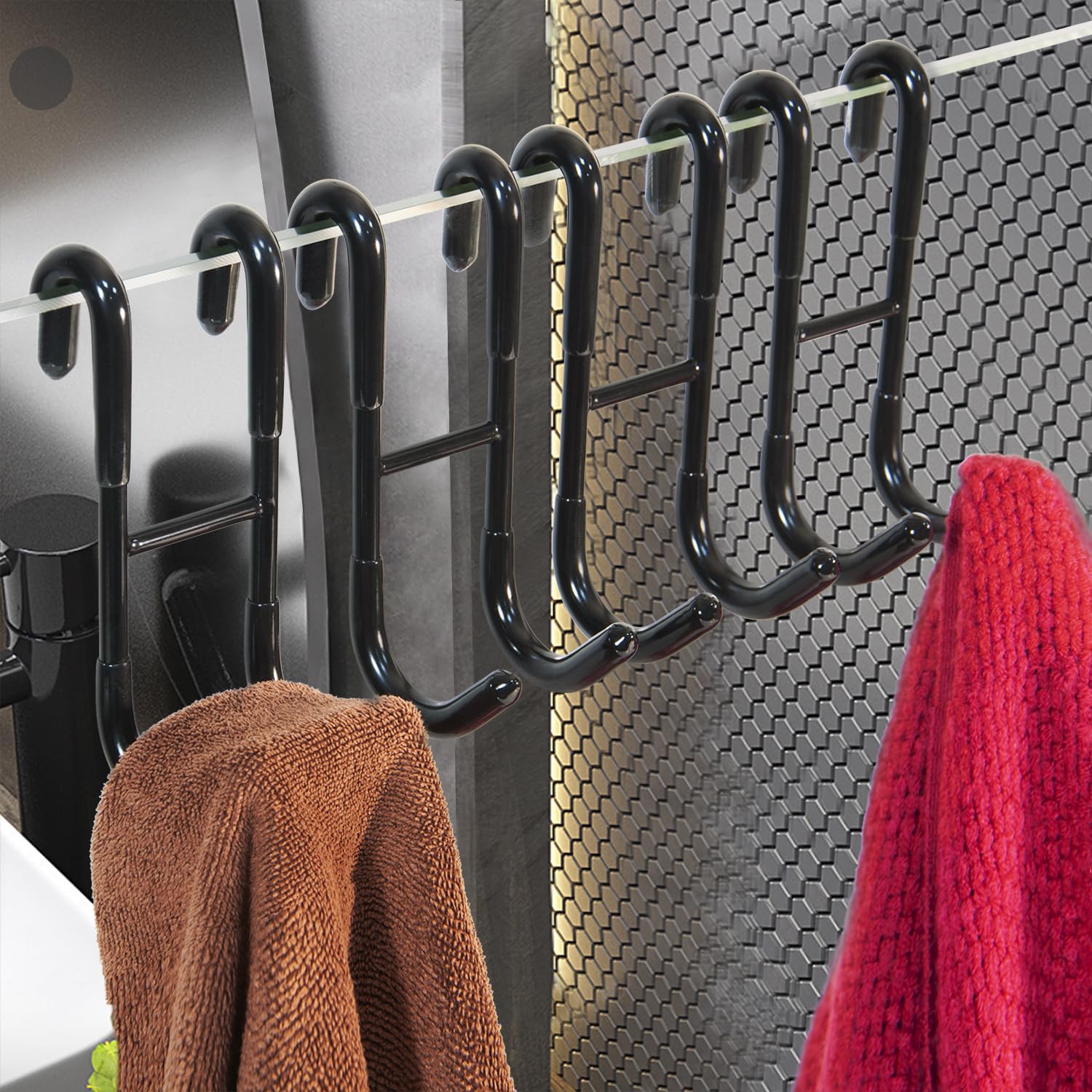 RICHMIRTH Bathroom Frameless Glass Shower Door Over Door Hooks, 2-Pack No Drill No Stick Over Glass Door Brushed Nickel Hooks for Bathrooms, Squeegee (Black)