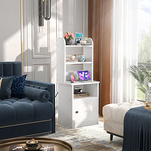 White Nightstand with Charging Station and USB Ports, 47" Tall Bedside Table with Adjustable Bookshelf, Industrial End Table Side Table with Storage Cabinet for Home Office, White