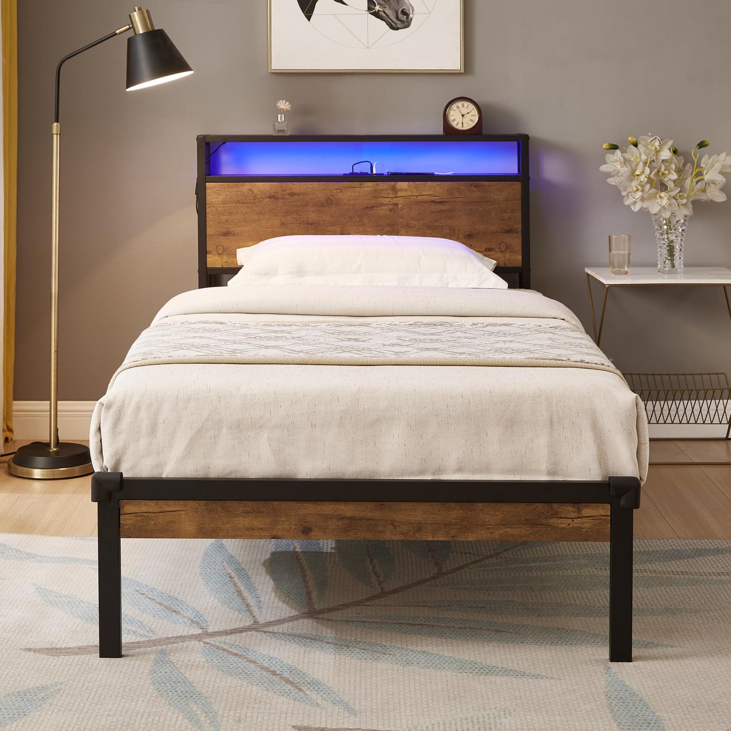 TURRIDU Twin Size Bed with USB Port & LED Lights, Metal Platform Bed Frame with Wooden Headboard & Footboard for Small Space, No Box Spring Needed, Large Under Bed Storage, Easy to Assemble, Brown
