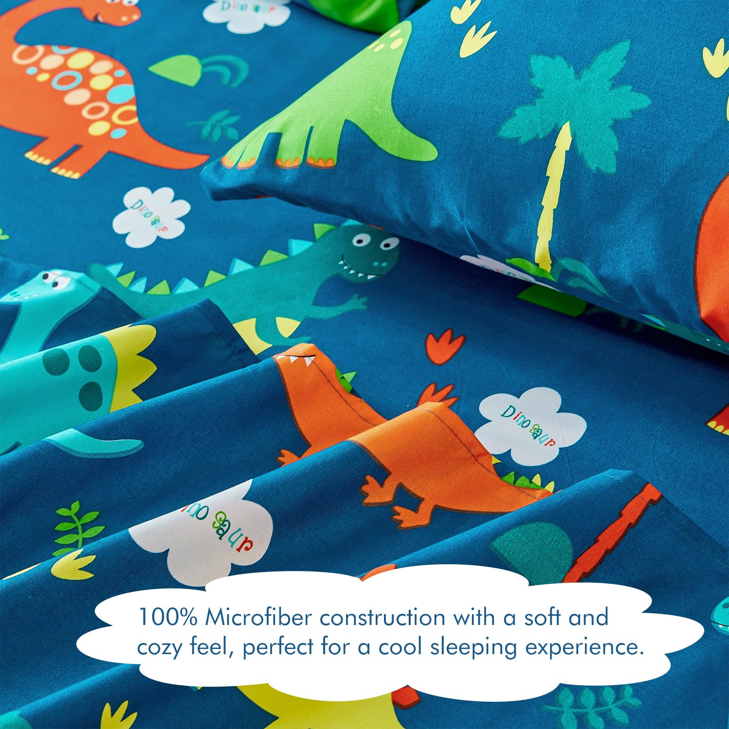WINLIFE Dinosaur Sheet Set Twin for Boys 3 Piece - Soft Cozy Microfiber Twin Size Kids Sheets - Cartoon Dino Sheets for Twin Bed - Deep Pocket 16 Inches Teen Bed Sheets for Children, Navy
