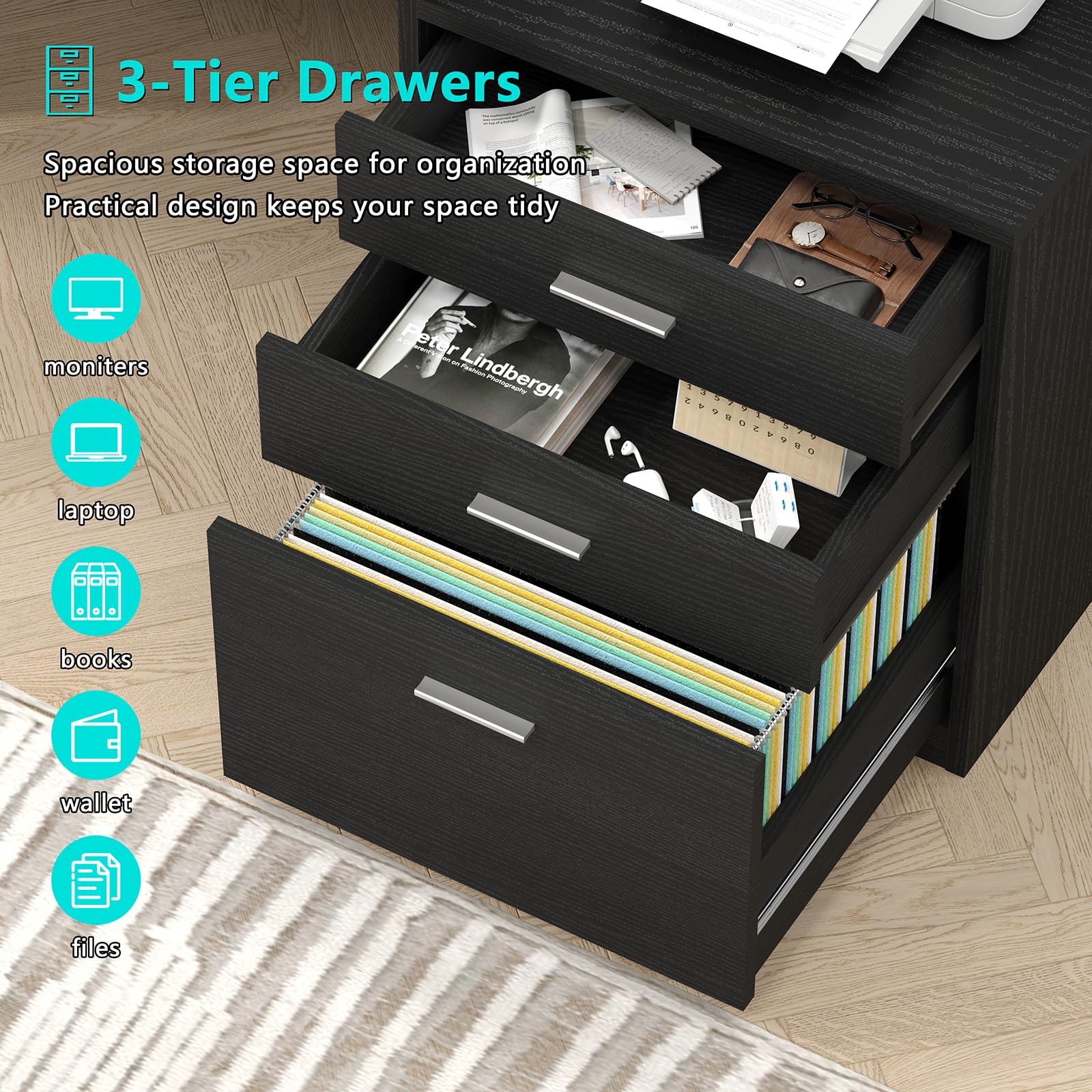 TVU 65" Computer Desk with 3 Drawers & Printer Stand, Office Desk with Monitor Stand & Storage Cabinet, Gaming Desk with Storage Shelf & Large Desktop, White Writing Desk for Home Office