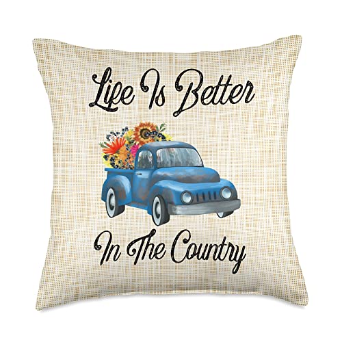 Pioneer Country Farm For Woman Gifts Retro Life is Better in The Country Vintage BlueTruck Throw Pillow, 18x18, Multicolor