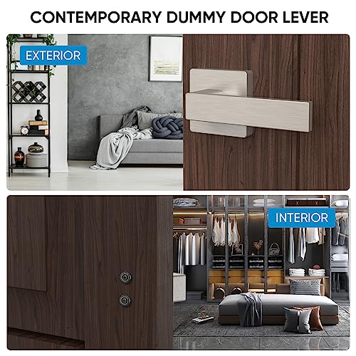 TICONN 2Pk Door Handle Heavy Duty, Reversible Square Door Lever for Bedroom, Bathroom and Rooms (Satin Nickel, Dummy - Front Mount, 2 Pack)