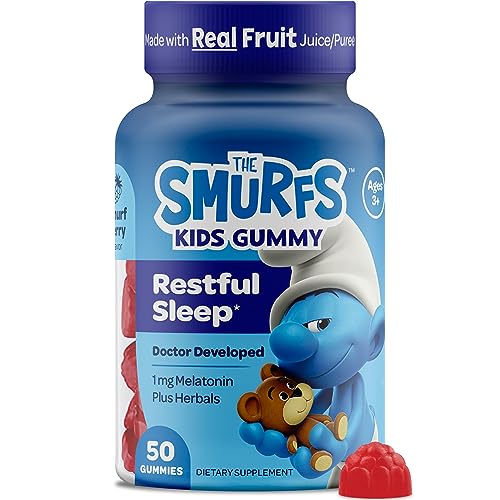 The Smurfs 1mg Melatonin Gummies for Kids with Chamomile & Lemon Balm for a Restful Sleep Age 3+ | Non-Habit Forming | Made with Real Fruit in a Smurf Berry | Doctor Developed | 50 Vegetarian Gummy