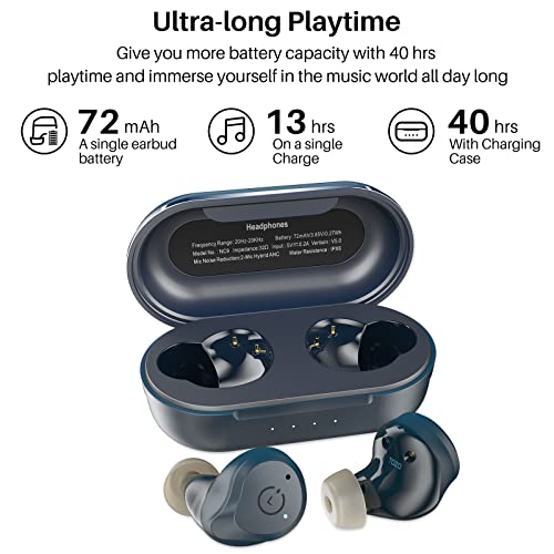 TOZO NC9 Hybrid Active Noise Cancelling Wireless Earbuds, in Ear Headphones IPX6 Waterproof Bluetooth 5.3 Stereo Earphones, Immersive Sound Premium Deep Bass Headset Royal Blue