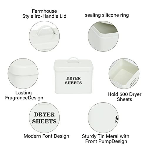 Xbopetda Dryer Sheets Holder for Organization and Storage, Modern Farmhouse Metal Laundry Dryer Sheet Dispenser, Dryer Sheet Container with Lid for Laundry Room Decor-White