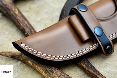 Ottoza Handmade Leather Knife Sheath RIGHT HAND Bushcraft Knife Sheath - Hunting Knife Sheath - Survival Knife Sheath - Fixed Blade Knife Sheath Horizontal Carry Dark Brown TOP GRAIN LEATHER No:44
