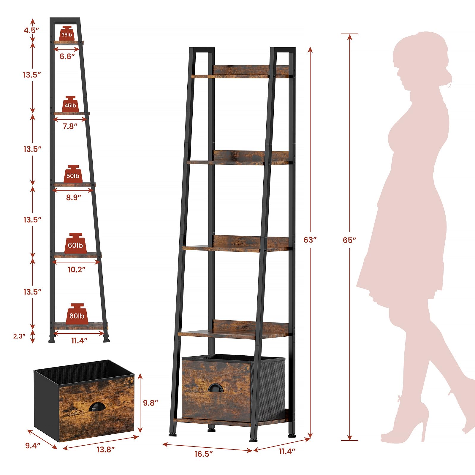 RVHOME 2024 Ladder Shelf, 5-Tier Upgraded Elevated Ladder Bookshelf with Drawer, 63" Ladder Shelf Bookcase, Tall Bookshelf with Steel Frame, Rustic Bookshelf for Living Room, Home Office, Bedroom