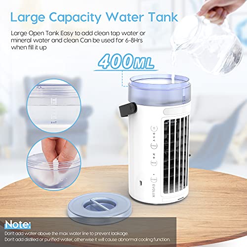 Small Portable Air Conditioners for Car, 400 ML Mini Personal Portable Water Air Cooler with 7 Color LED Light, White AC Fans that Blow Cold Air Rechargeable