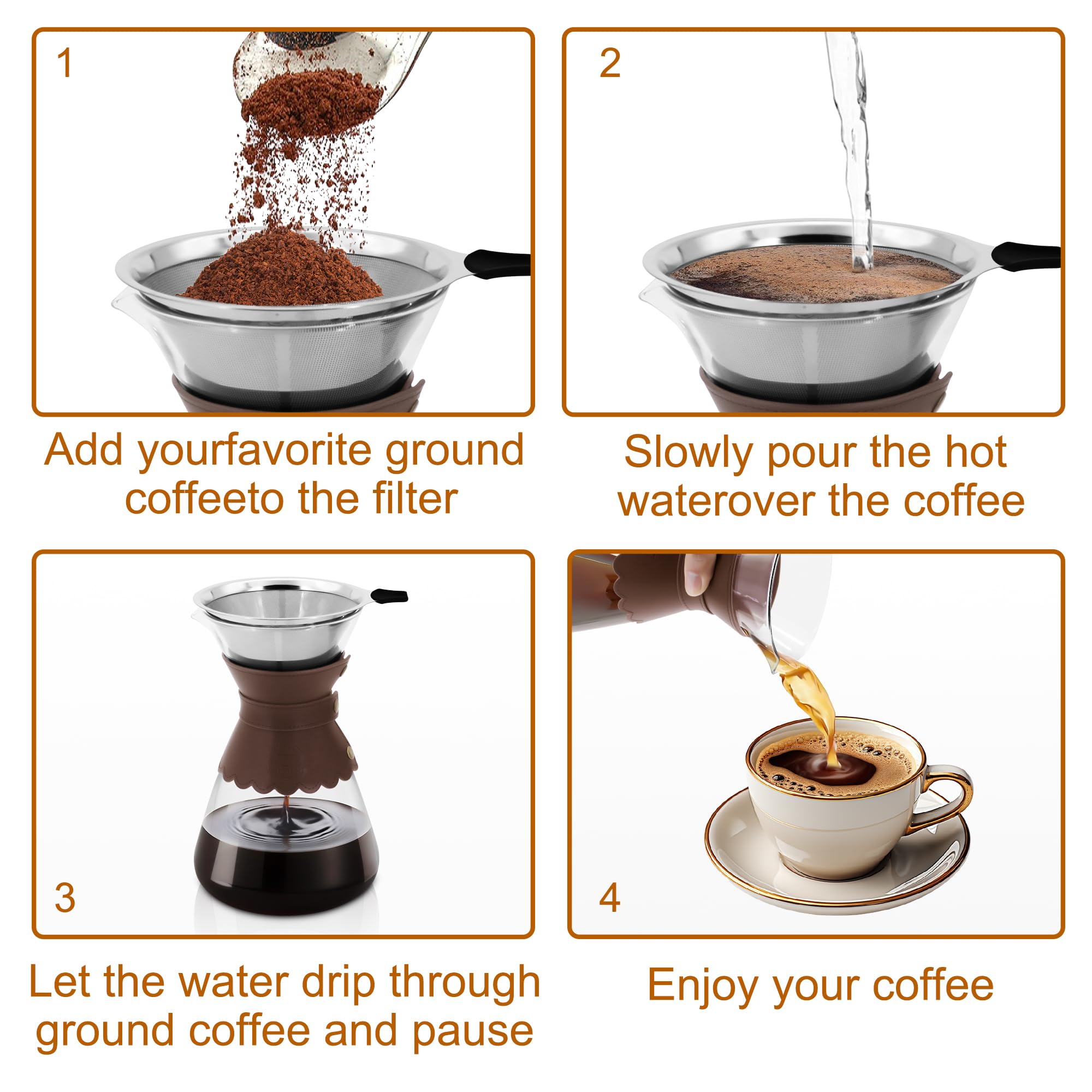 YMMIND 34oz Pour Over Coffee Maker with Double Layer Stainless Steel Filter, Borosilicate Glass Dripper, Detachable Heat-Resistant Leather Pad 7-8 Cups Coffee Maker Carafe(Dark brown)