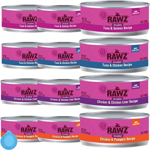 Rawz Natural Premium Canned Cat Wet Food Shredded -12 Pack Cans Variety Bundle -4 Flavors - (Tuna & Salmon, Chicken Liver, Tuna & Chicken, Chicken& Pumpkin) with Hotspot Pets Food Bowl - (5.5 oz Cans)