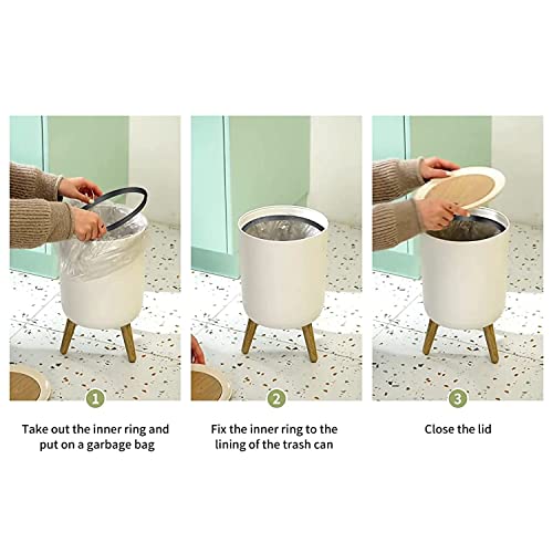 Trash Can with Lid Seamless Cute cat Rainbow Sky Animals Character Cartoon Design Press Cover Small Garbage Bin Round with Wooden Legs Waste Basket for Bathroom Kitchen Bedroom 7L/1.8 Gallon