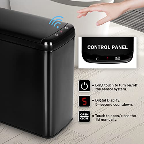 TrashAid Touchless Motion Sensor Trash Can with Lid, 2.4 Gallon Bathroom Stainless Steel Slim Trash Bin Automatic, Small Office Garbage Can Black Wastebasket for Toilet, rv, livingroom, 9 Liter