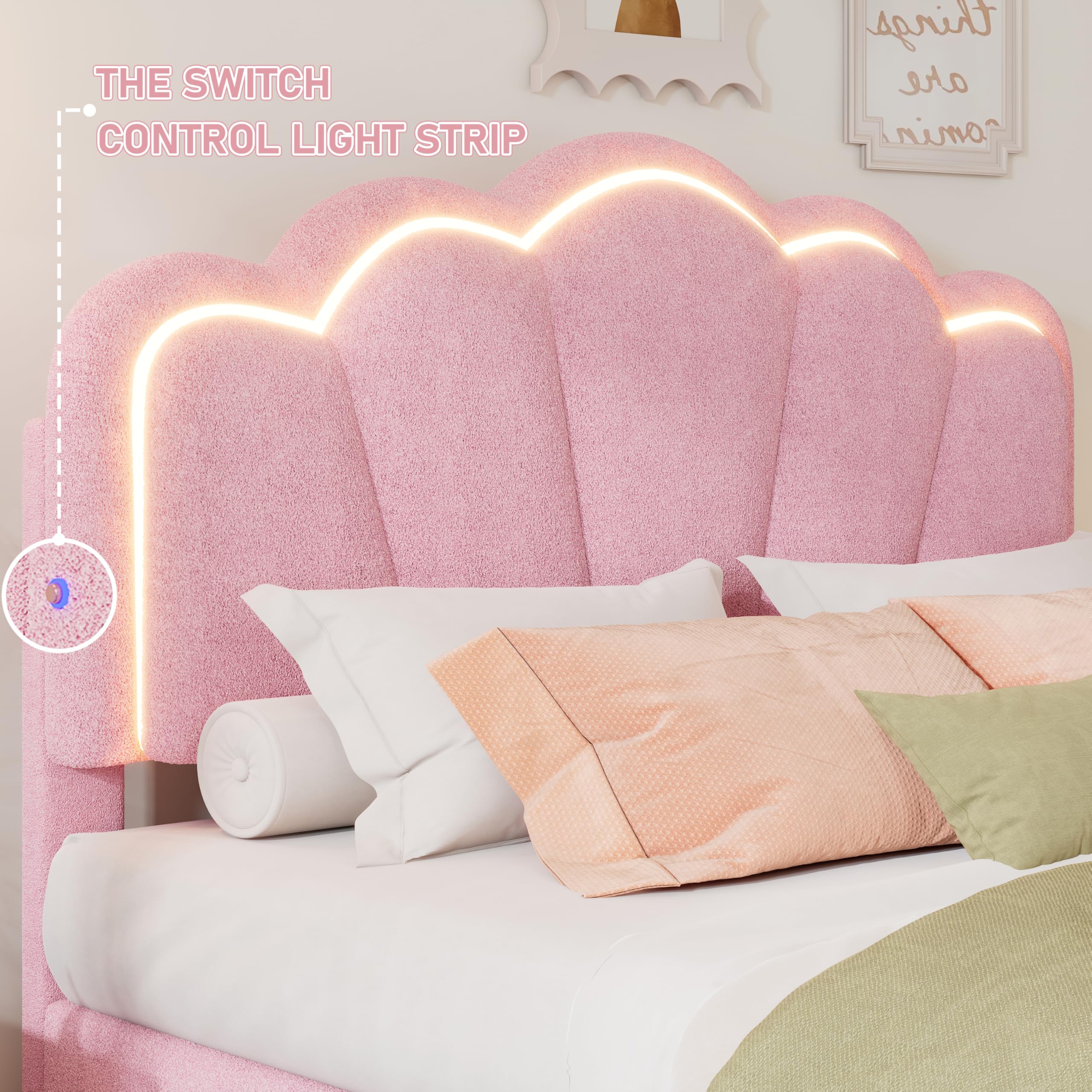 SOFTSEA Twin Upholstered Bed with LED Lights, Adjustable Headboard, Princess LED Bed Frame with Shell Headboard, Fleece Platform Bed for Kids Girls, Wood Slats Support, White
