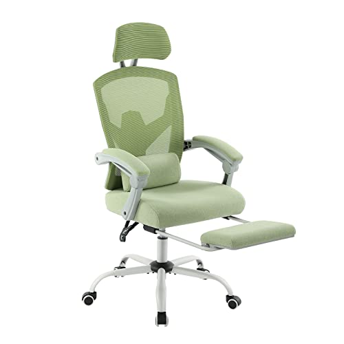Sweetcrispy Swivel Rolling Padded Armrests Headrest, High Back Lumbar Pillow and Retractable Footrest Ergonomic Home Office, Height Adjustable Reclining Mesh Chair, Green