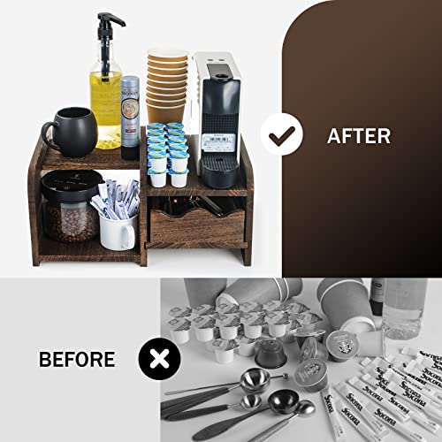 Soulhand Coffee Station Organizer with Drawer, Wooden Coffee Bar Accessories Organizer for Countertop, 48 Large Coffee Pods Storage Organizer, K-Cup Organizer for Home Office (Brown)