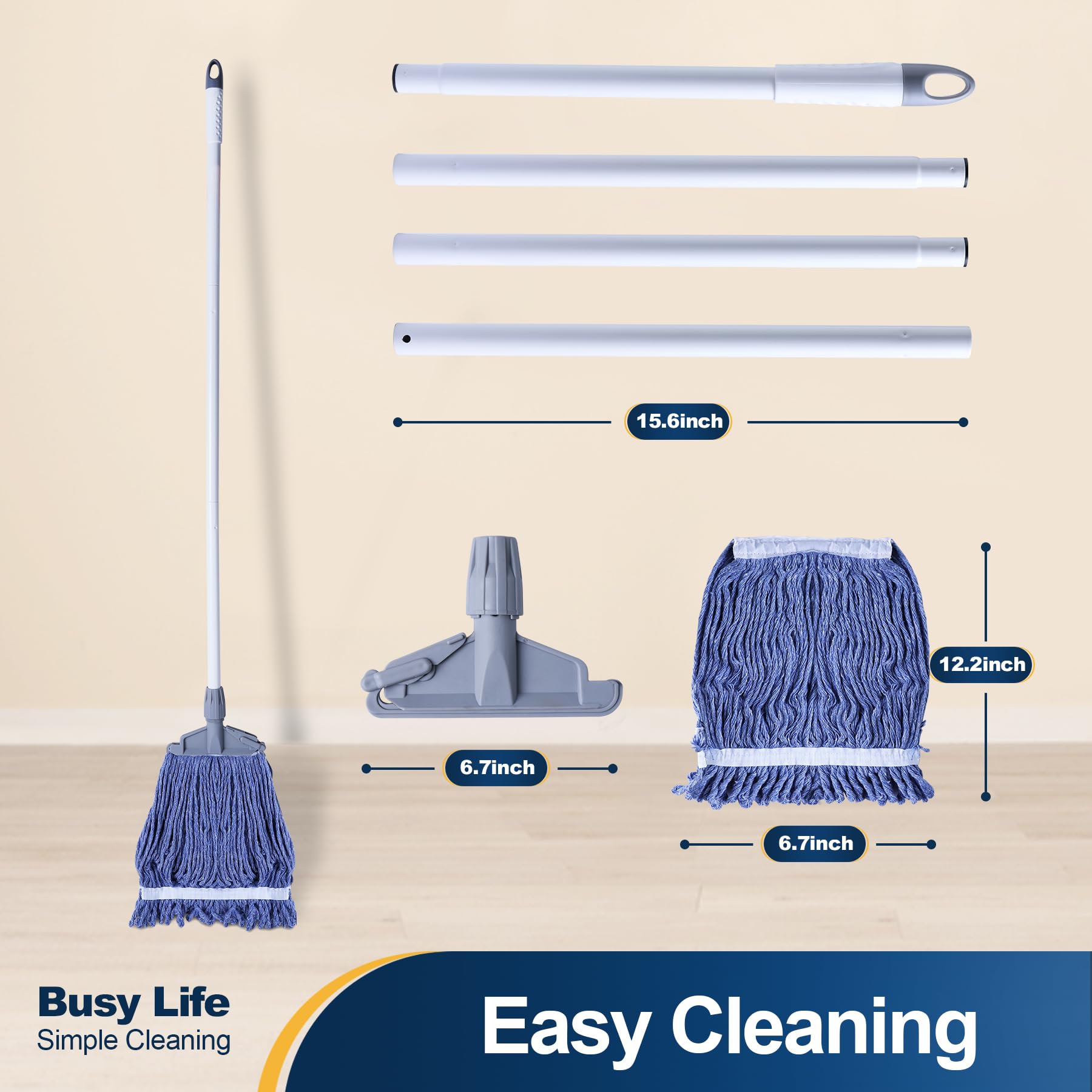 Yocada Looped-End String Wet Mop Heavy Duty Cotton Mop Commercial Industrial Grade 64.1" Long Iron Pole for Cleaning Office Garage Hardwood Warehouse Factory Mall Deck with Totally 3 Mop Heads