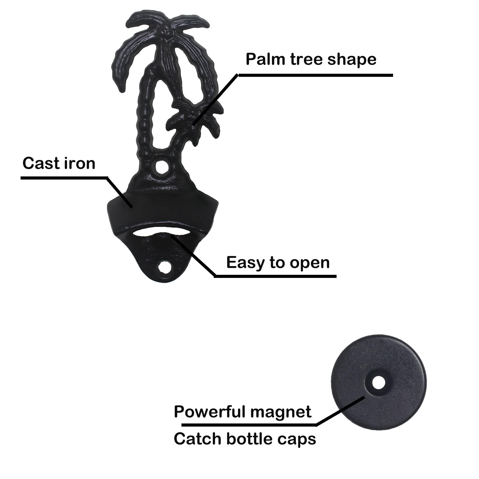 Luwanburg Palm Tree Cast Iron Beer Bottle Opener Wall Mounted with Magnetic Cap Catcher (Black)