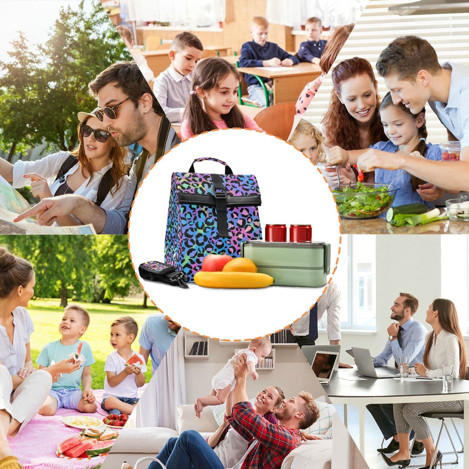MNSRUU Insulated Lunch Bags Women Men, Rainbow Leopard Portable Reusable Thermal Meal Tote Cooler Bag Organizer, Adjustable Shoulder Strap, Handle