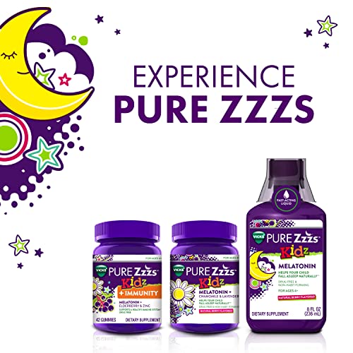 ZzzQuil VICKS Pure Kidz + Immunity, Melatonin Sleep Aid Gummies for Kids and Children, Zinc for Immune Support, Low Dose Melatonin, Berry Flavored, 60 Gummies