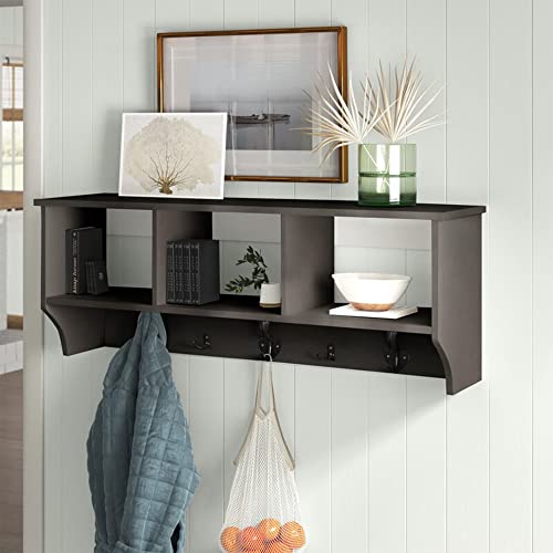 Vanity Art 5 Hooks Wall Mounted Coat Rack with Storage Shelf Wall Hanging Shelf Entryway Organizer for Living Room Bedroom Bathroom Kitchen (Gray) F10003GR-BK
