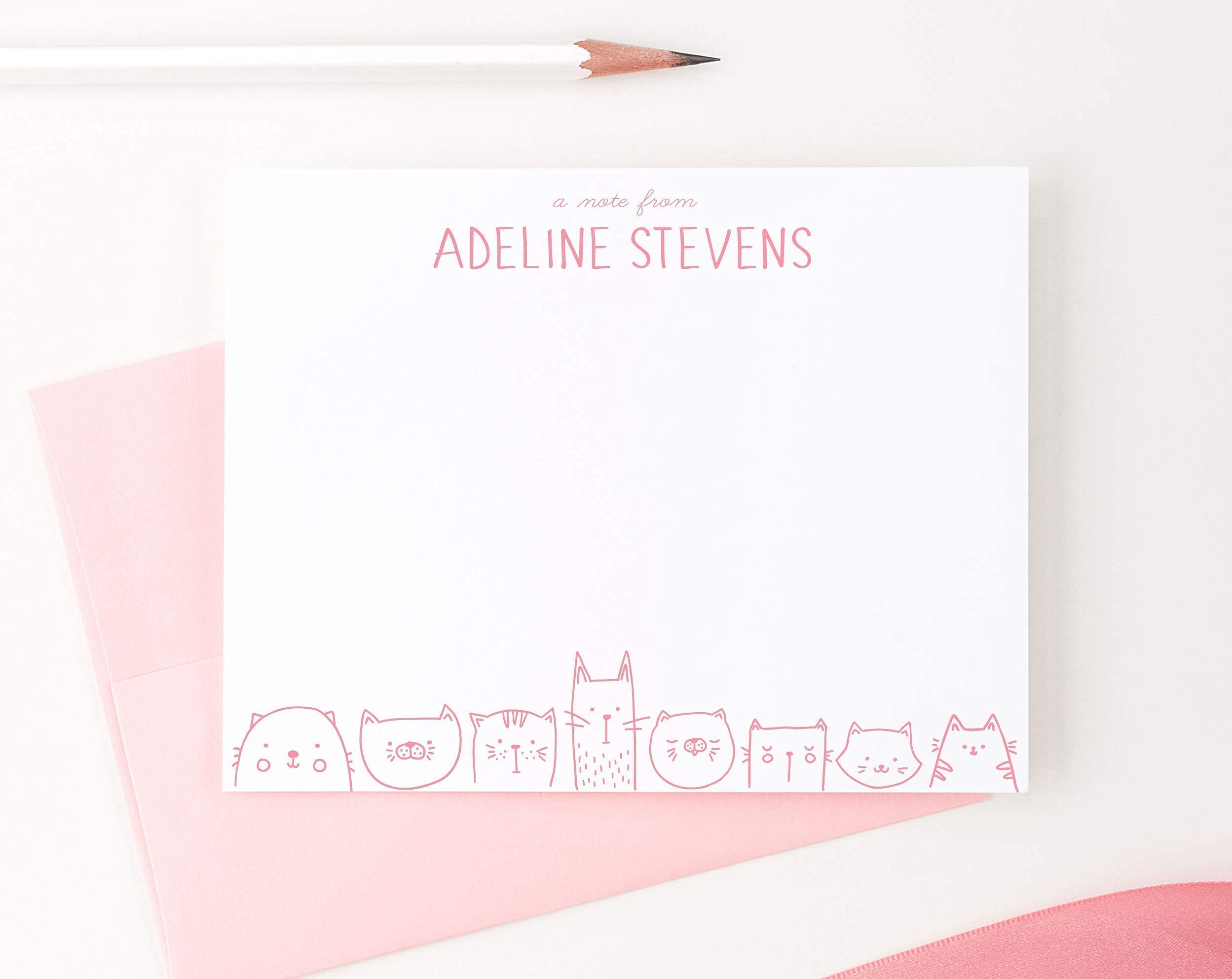 Personalized Cat Stationary for Girls, Personalized Stationary Set for Kids, FLAT Note Cards, Your Choice of Colors and Quantity