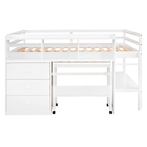 VilroCaz Full Size Low Loft Bed with Rolling Portable Desk and Drawers, Multiple Functions Wood Loft Bed Frame with Storage Shelves for Kids Teens, Sturdy Slats Support (White-Full)