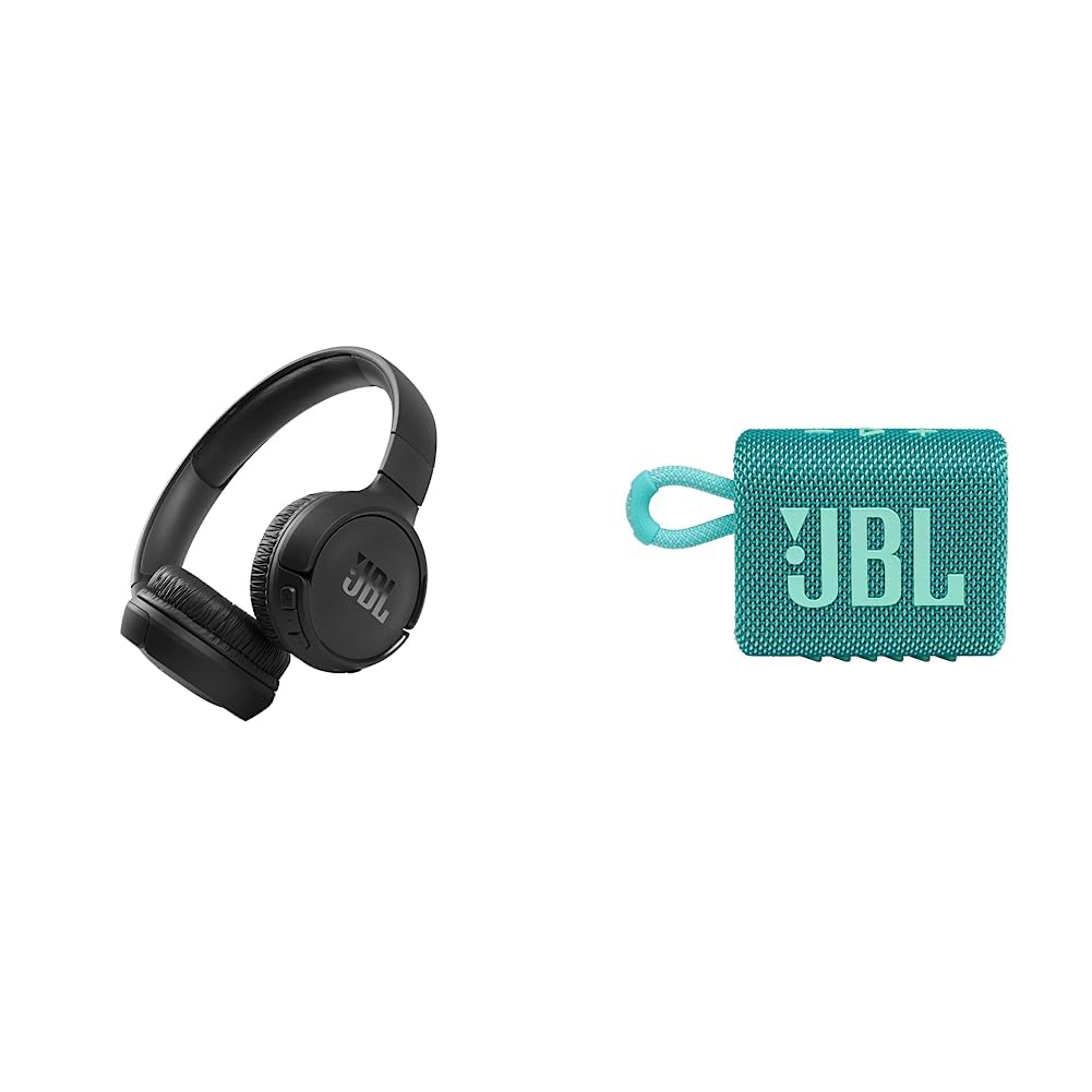 JBL Tune 510BT: Wireless On-Ear Headphones with Purebass Sound - Black & Go 3: Portable Speaker with Bluetooth, Builtin Battery, Waterproof and Dustproof Feature Teal JBLGO3TEALAM