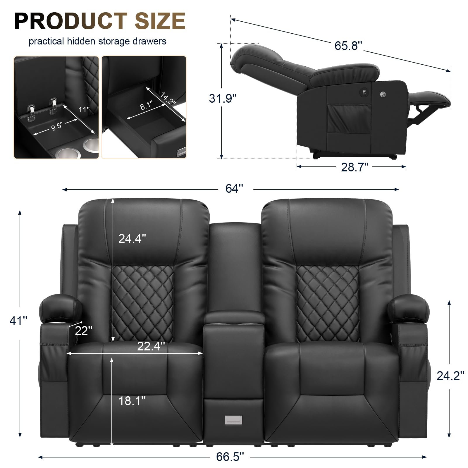 YONISEE Large Loveseat Recliner, Loveseat Recliner Sofa with Storage Console, Recliner Chair with USB Ports, 2 Cell Phone Holders, Cup Holder, Loveseat Couch for Living Room