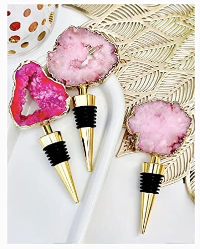 LUXE CRYSTAL CO. Handcrafted Purple Magenta Pink Agate Druzy Gold Natural Crystal Wine Champagne Stopper Handmade Bottle Barware Housewarming Bridal Shower (Pink)