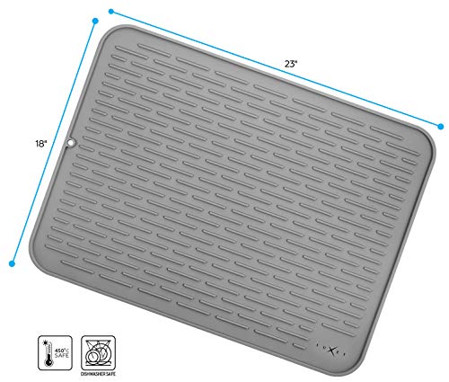 Luxet Multipurpose Premium Quality Silicone Dish Drying Mat for Kitchen, Heat Resistant, Countertop Protection, Non Slip Grip, Extra Large Trivet Size 23x17 Inches (Gray)