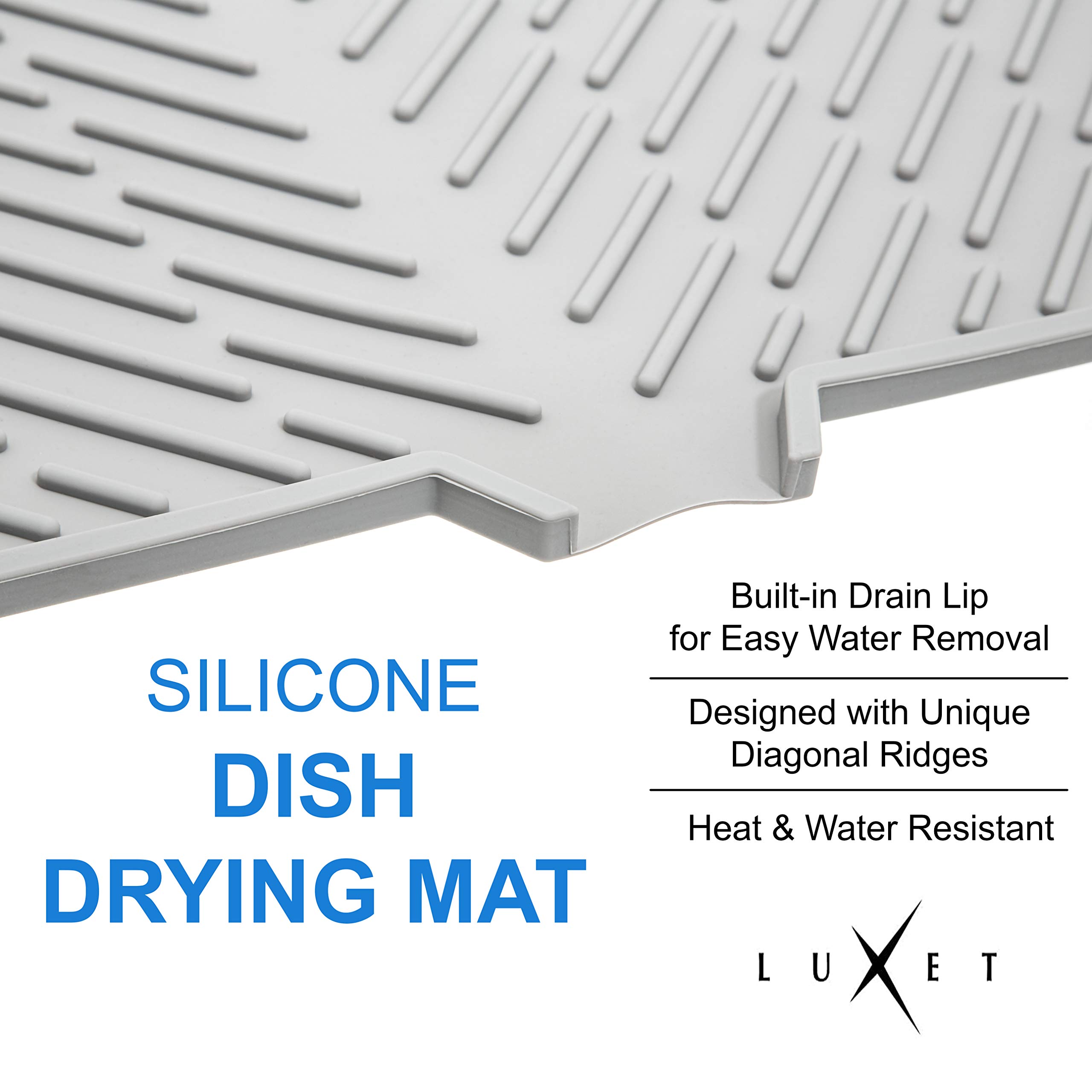 Luxet Silicone Dish Drying Mat with Built-in Drain Lip - Hygienic Drying Pad - Sturdy Compact Easy to Clean Tray Protects Surfaces Prevents Water Build Up -16.5 x 13 Inches (grey)