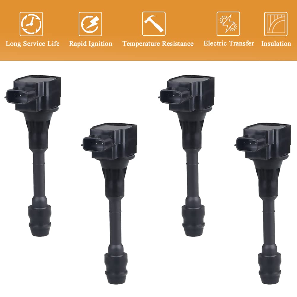 JDMON Ignition Coils Pack Compatible with Nissan Altima Sentra X-trail L4 2.5L 2002 2003 2004 2005 2006 2007 2008 Replaces 22448-8H315 22448-8H310 UF-350 C1398 Set of 4