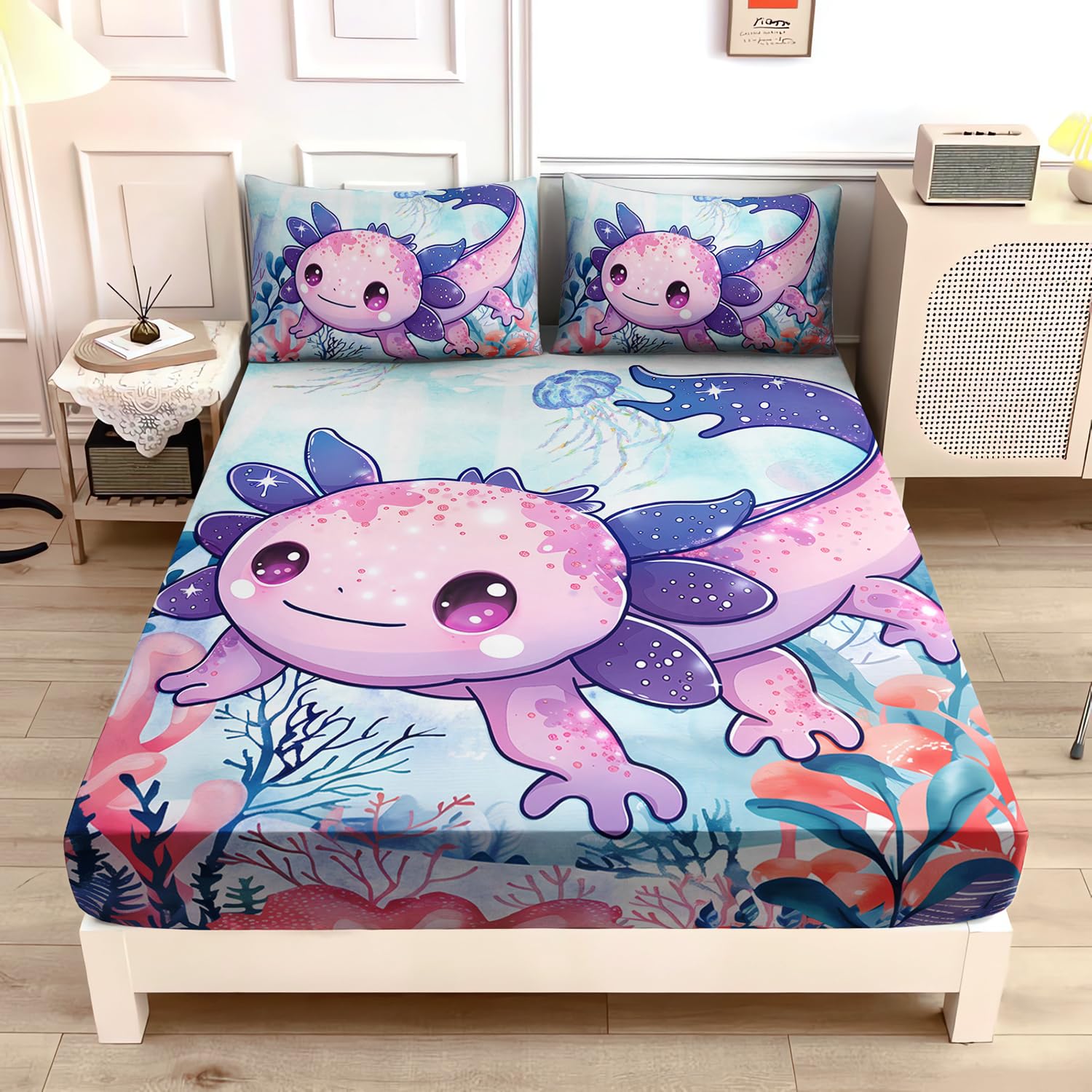 UEVBF Cute Axolotl Bedding Set Full Size,Color Axolotl Waterweed Jellyfish Pattern Toddler Bed Fitted Sheet Set,Ocean Life Bedding Sets for Kids Girls Room Decor,1 Fitted Sheet+2 Pillowcases.